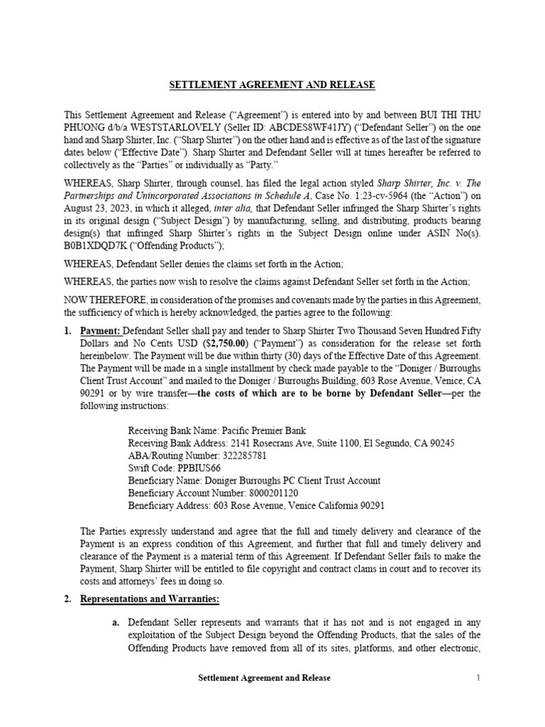 Settlement Agreement: Sharp Shirter vs. Seller | PDF | Justice | Crime ...