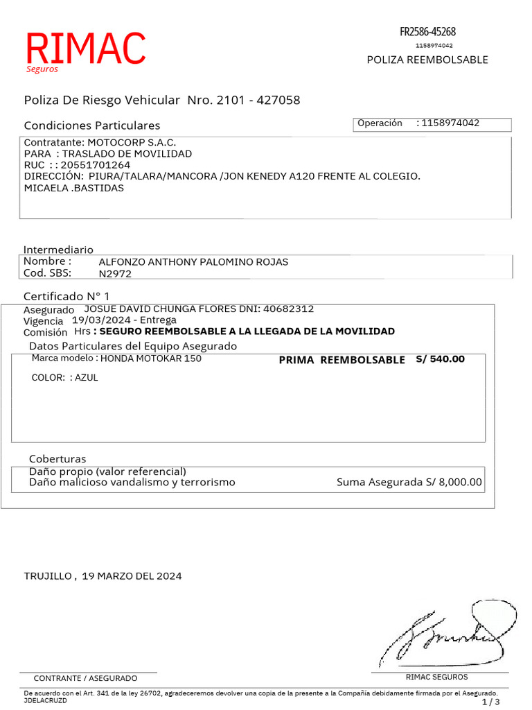 Poliza Seguro Vehicular PDF | PDF | Póliza de seguros | Riesgo