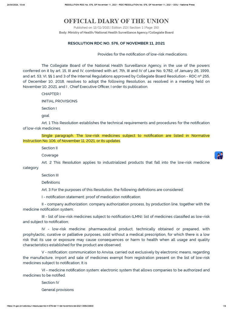 RESOLUTION RDC No. 576, OF November 11, 2021 - RDC RESOLUTION No. 576 ...