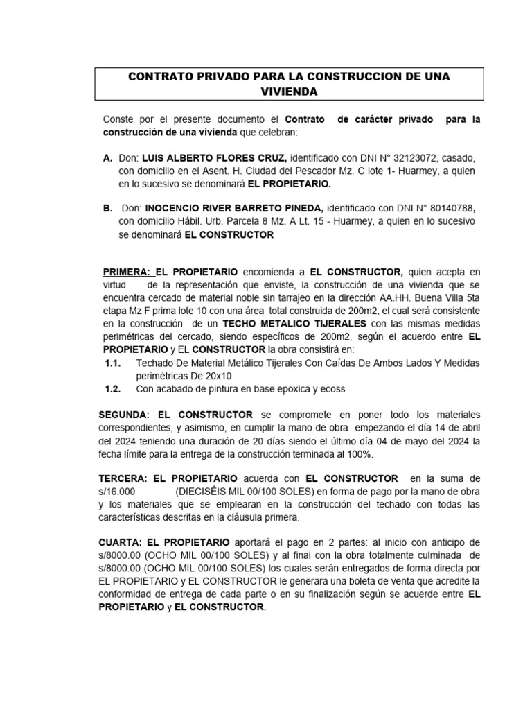 Modelo-De-Contrato-De-Construccion de Vivienda | PDF | Daños y perjuicios