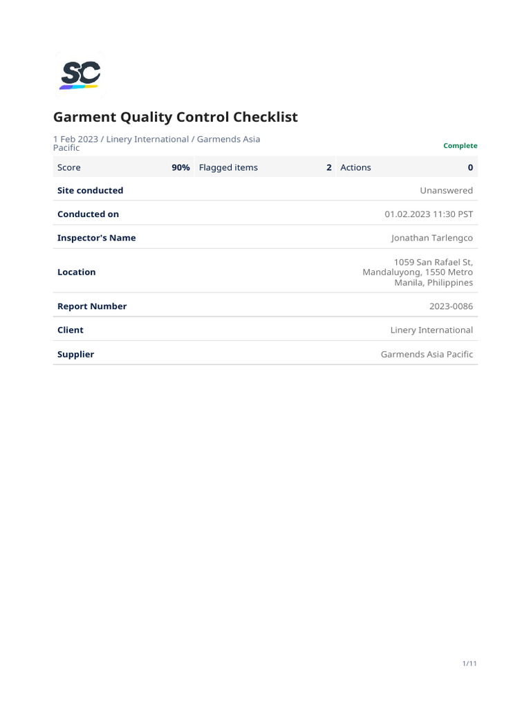 Garment Quality Control Checklist Sample PDF Report | PDF | Clothing