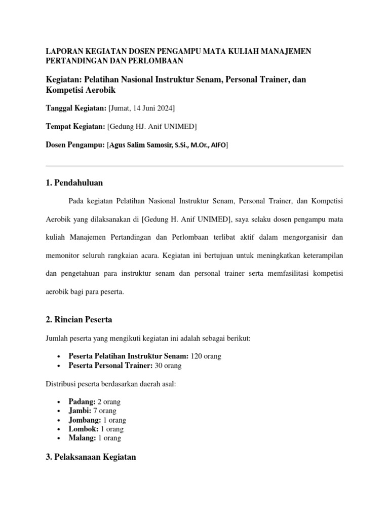Laporan Kegiatan Dosen Pengampu Mata Kuliah Manajemen Pertandingan Dan ...