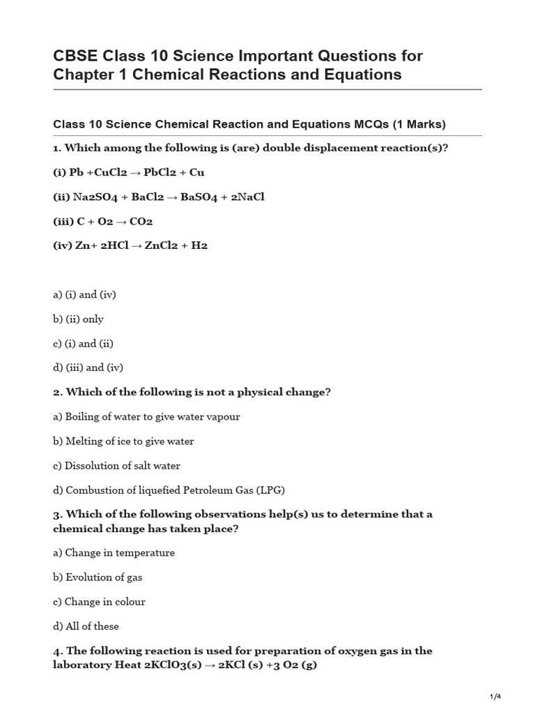 Class 10 Chapter 1 Science Important Questions | PDF | Chemical ...