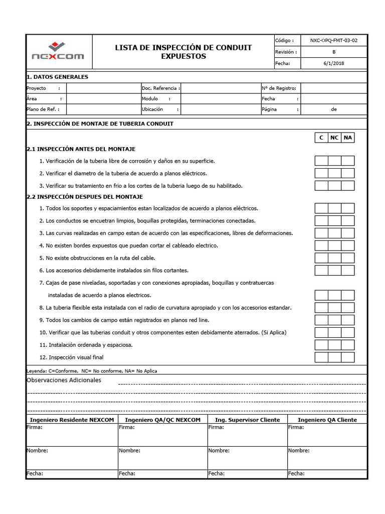 Nxc-Opq-Fmt-0x-0x - Lista de Inspección de Conduit Expuestos | PDF