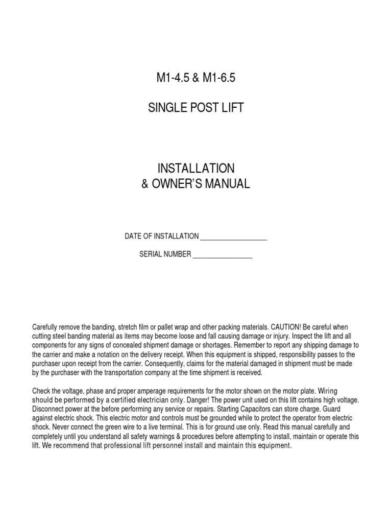 M1 Singel Post Lift Manual | PDF | Elevator | Screw