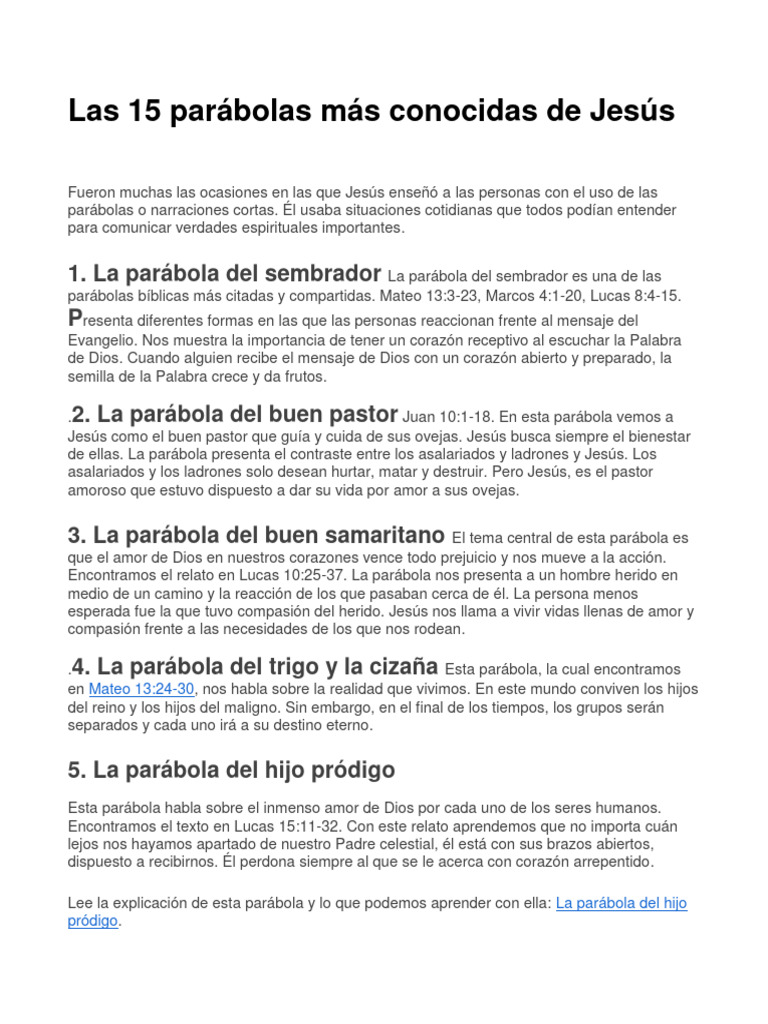 Las 15 Parábolas Más Conocidas de Jesús | PDF | Parábolas de Jesús | Jesús