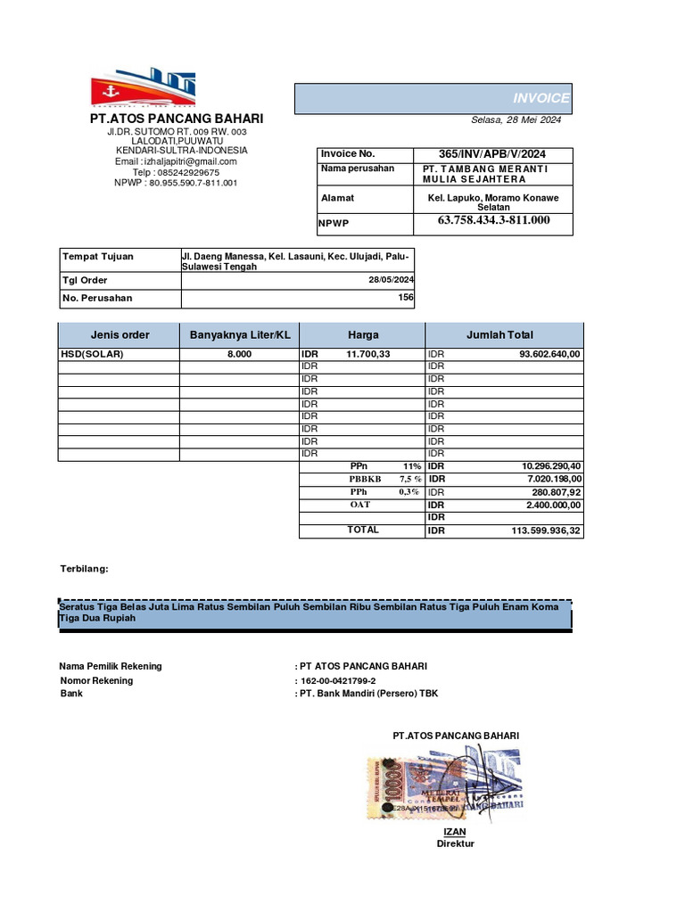 Invoice No 365 PT Tambang Meranti Mulia Sejahtera (8KL) 28 Mei 2024 | PDF