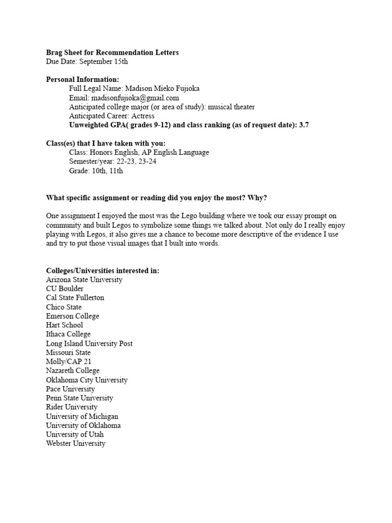 Brag Sheet for College Recommendations | PDF