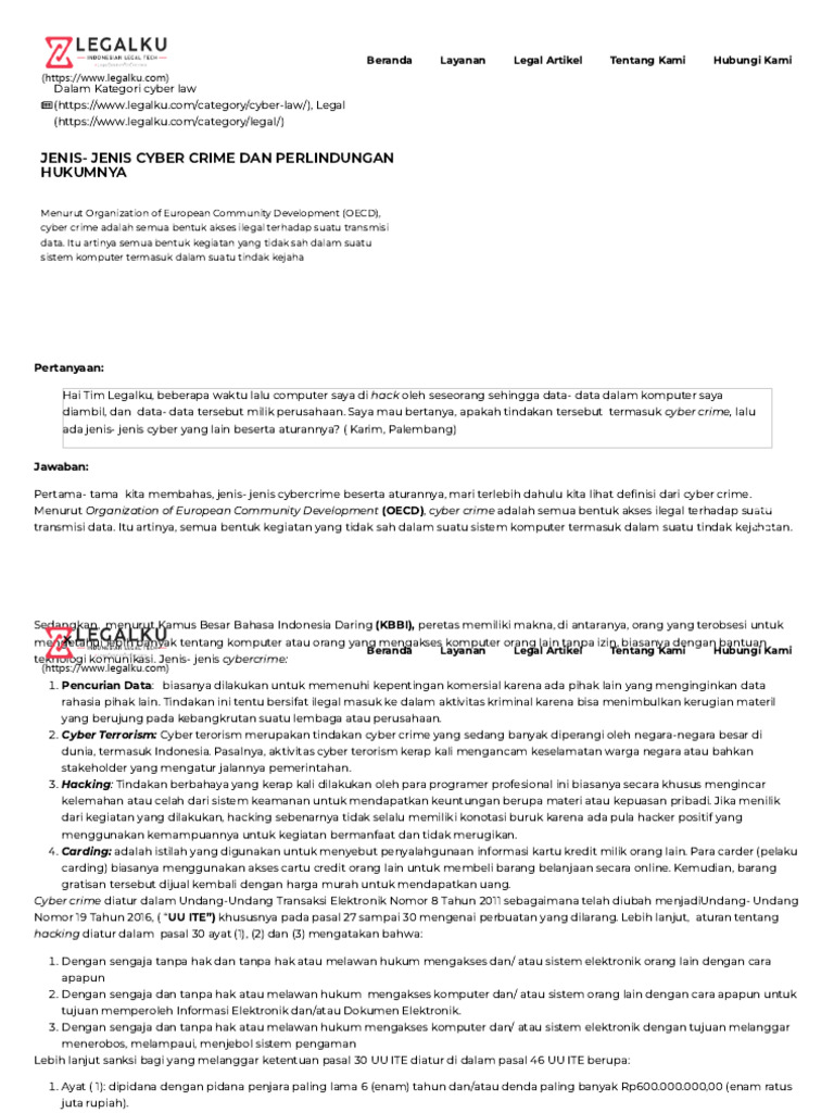 Jenis - Jenis Cyber Crime Dan Perlindungan Hukumnya | PDF
