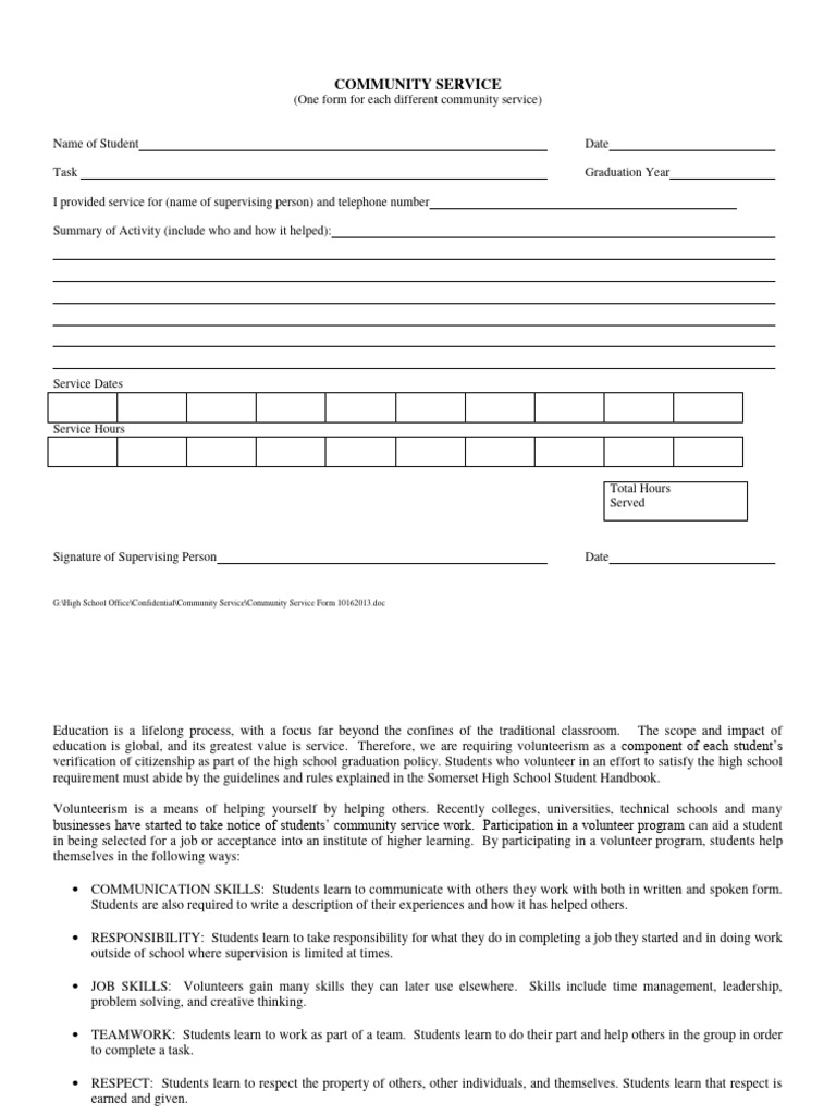 Community Service Form | Download Free PDF | Volunteering | Cognition