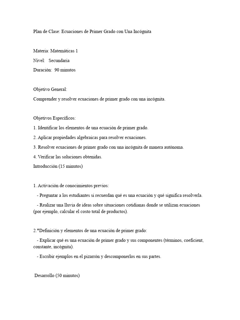 Plan de Clase Matematicas 1 | Descargar gratis PDF | Ecuaciones | Álgebra