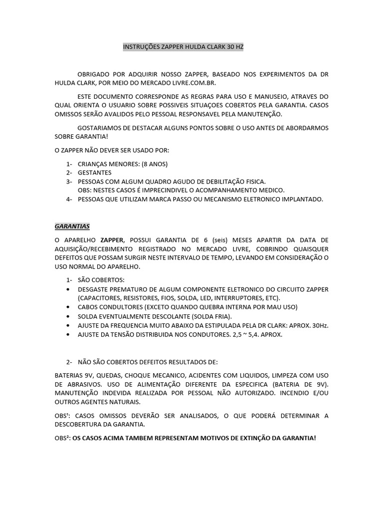 Instruã Ã Es Zapper Hulda Clark | PDF | Parasitismo | Câncer