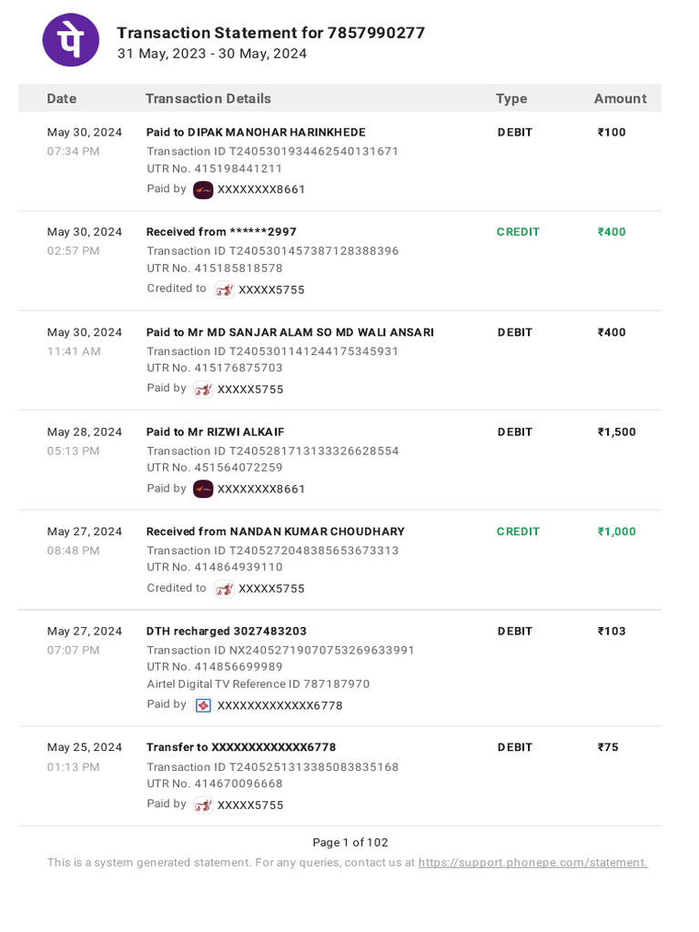 PhonePe Statement May2023 May2024 | Download Free PDF | Debit Card | Stored Value Card