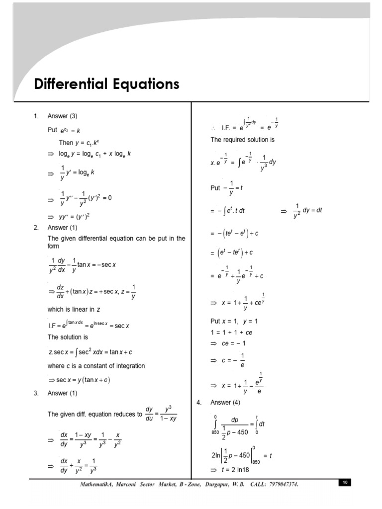 Differential Equations Solutions | PDF | Equations | Mathematical Objects