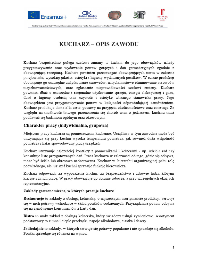 Kucharz - Opis Zawodu | PDF