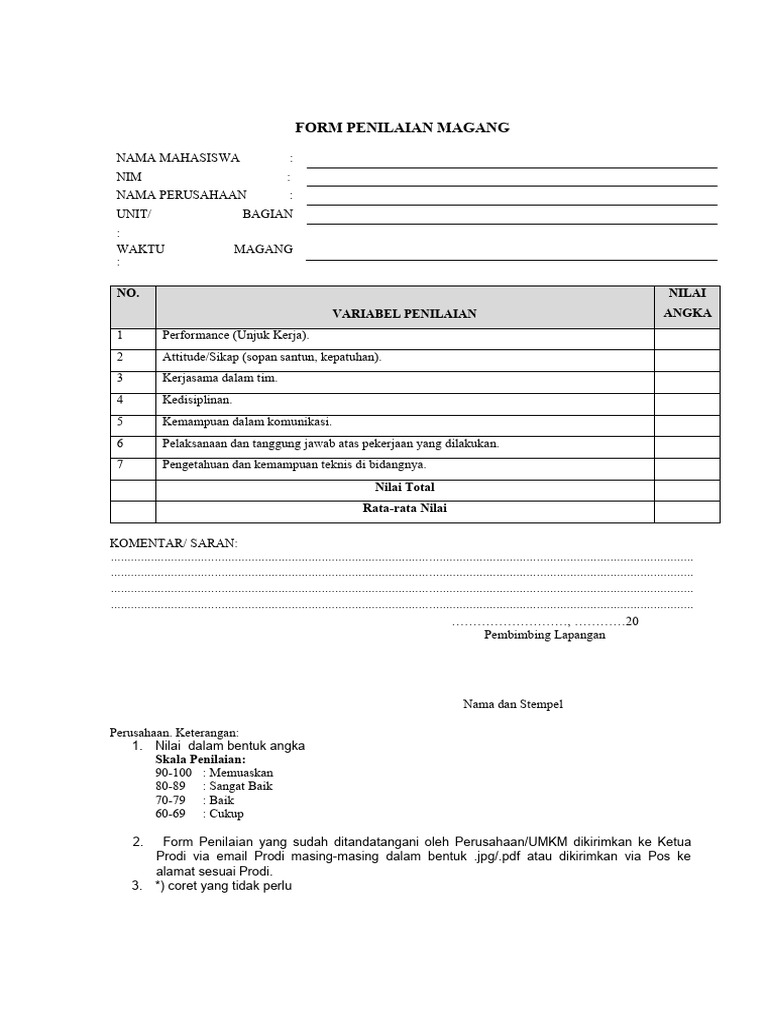 Form Penilaian Magang Mahasiswa | PDF | Bisnis