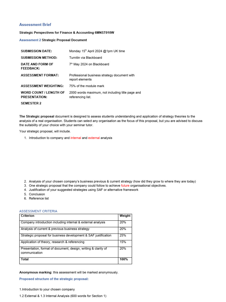 6MNST010W.2 Strategic Perspectives For Finance and Accounting A2 Strategic Proposal | PDF ...
