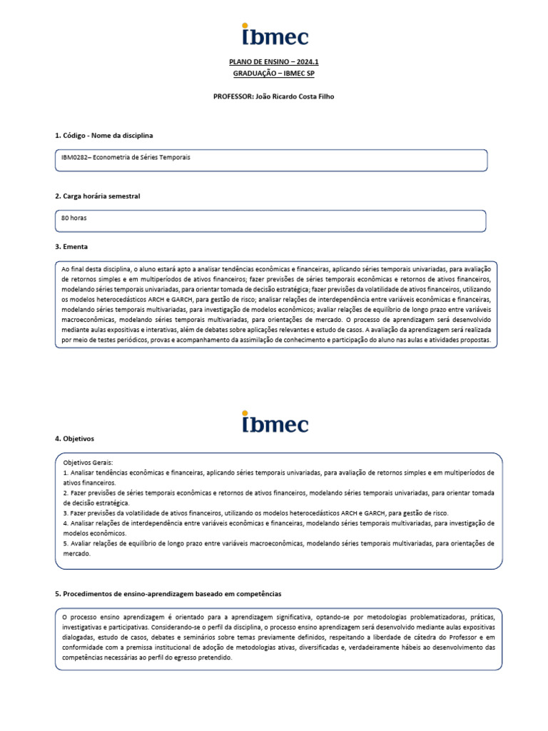 Ibmec 2024.1 - Plano de Ensino Econometria de S Ries Temporais - Turma 8002 | PDF | Aprendizado ...