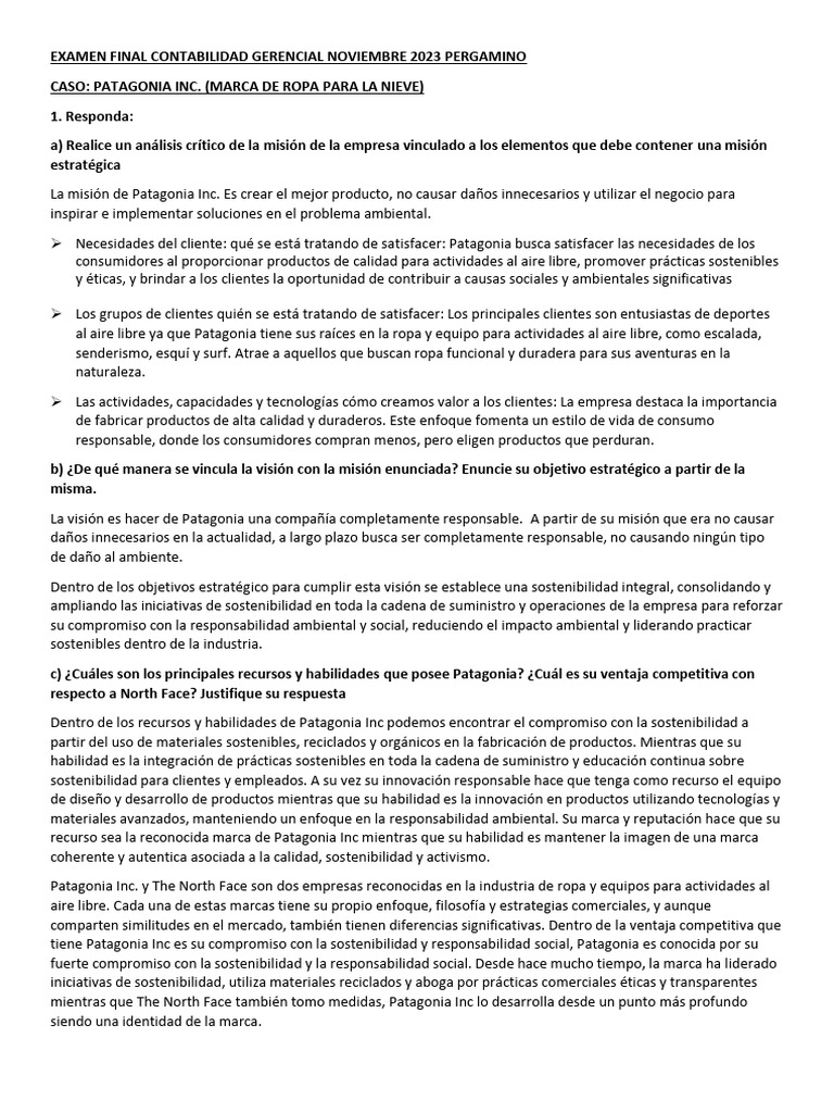 Examen Final Contabilidad Gerencial Noviembre 2023 Pergamino | PDF | Presupuesto | Sustentabilidad