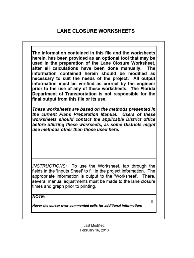 Lane Closure Worksheets: INSTRUCTIONS: To Use The Worksheet, Tab ...