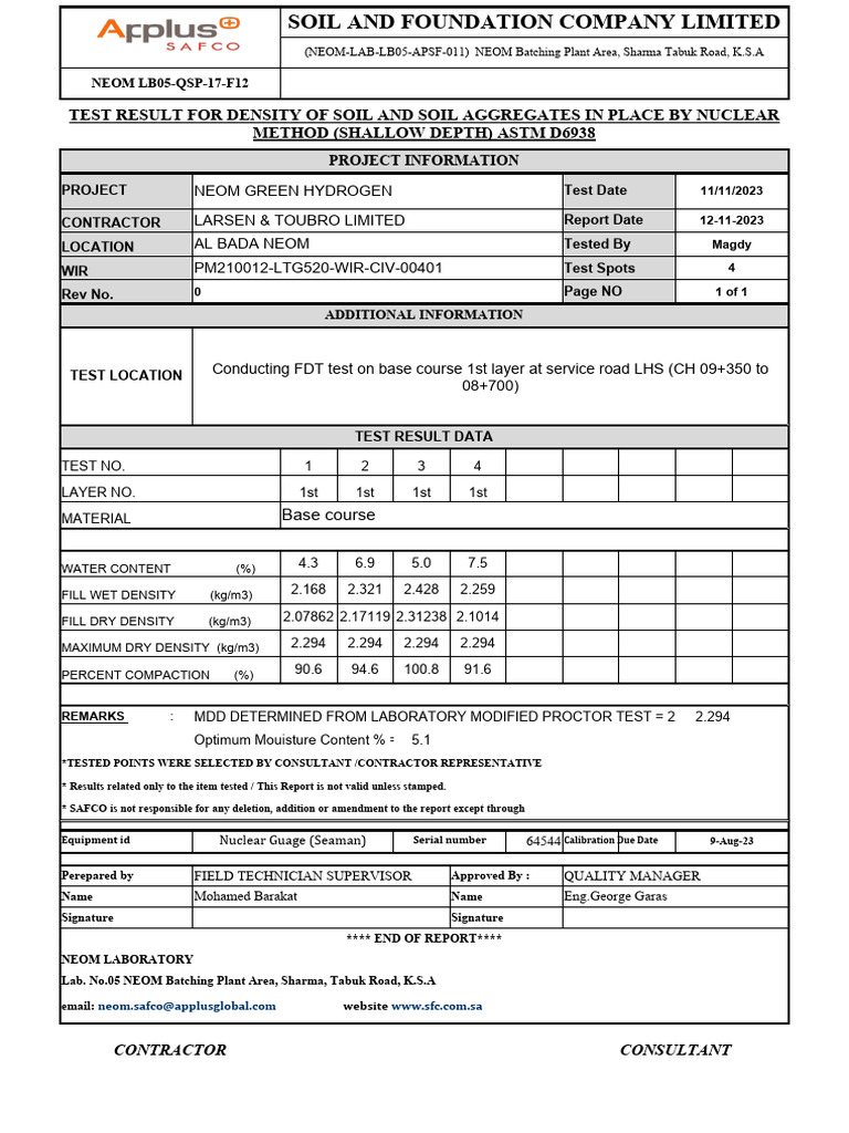 Test Result For Density of Soil and Soil Aggregates in Place by Nuclear ...