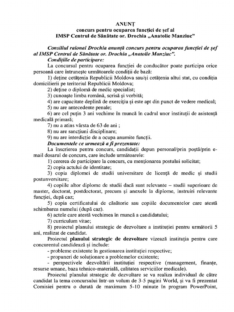 Anunt Concurs Sef CS Drochia | PDF