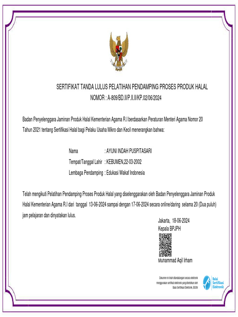 Sertifikat Diklat Pendamping P3H Dari BPJPH 2024 | PDF