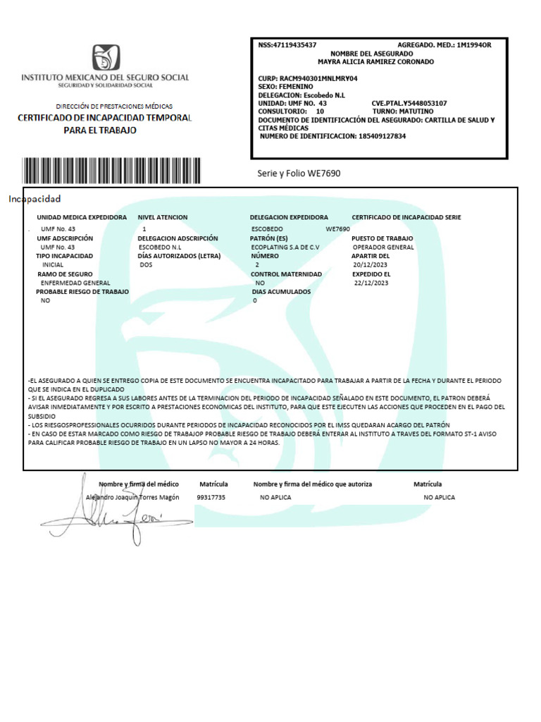 formato incapacidad ims | PDF