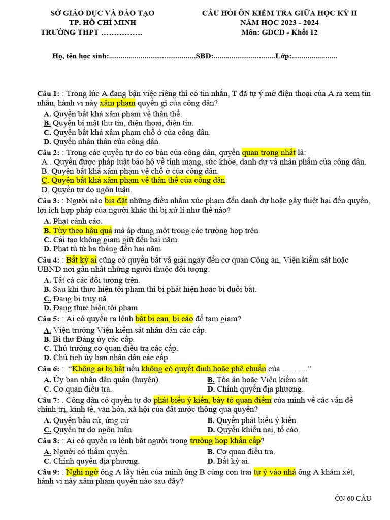 KTGHK2 - GDCD 12 - Ôn 60 Câu 3.2024 | PDF