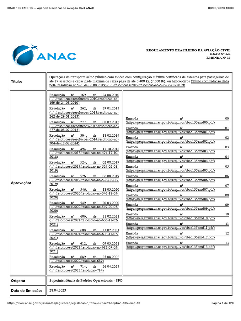 RBAC 135 EMD | Download grátis PDF | Regras de voo por instrumentos | Avião