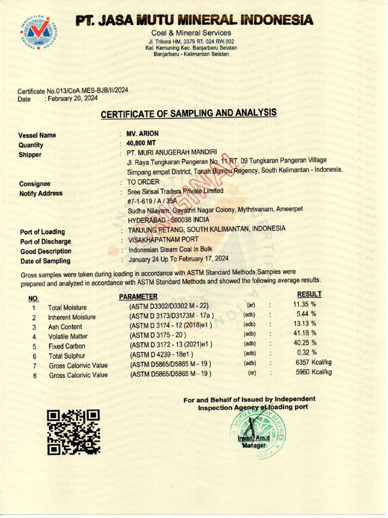 COA MV ORION Gar60 Batu Licin | PDF