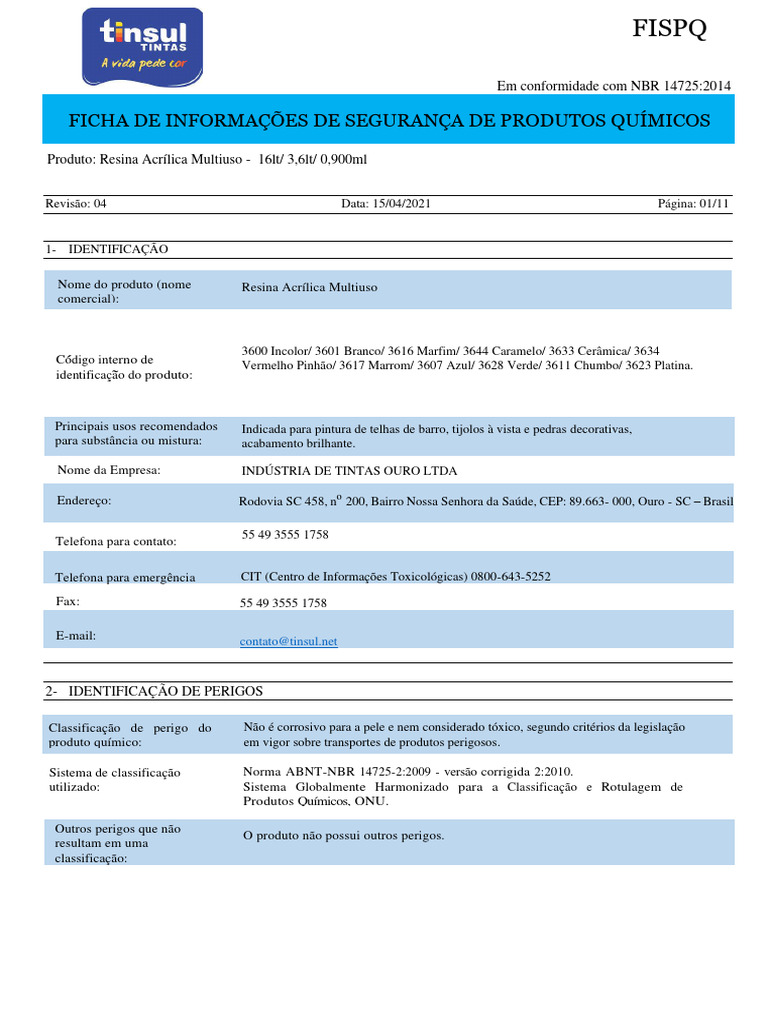 FISPQ - TINSUL - RESINA - MULTIUSO - tINSUL | PDF | Embalagem e rotulagem | Química