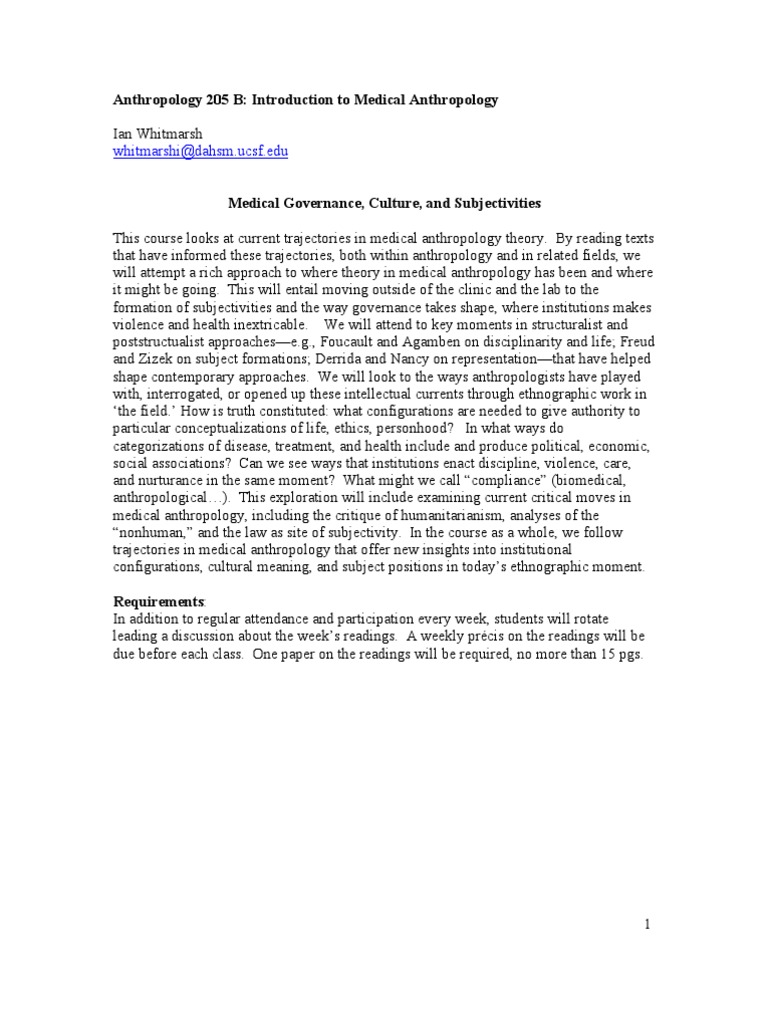 Whitmarsh Medical Anthropology Theory Syllabus | Download Free PDF ...