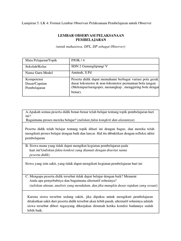 01.05.6-B4-5 Unggah LK 4 - Lembar Observasi Pembelajaran - Siklus 1 (Kel 3) | PDF