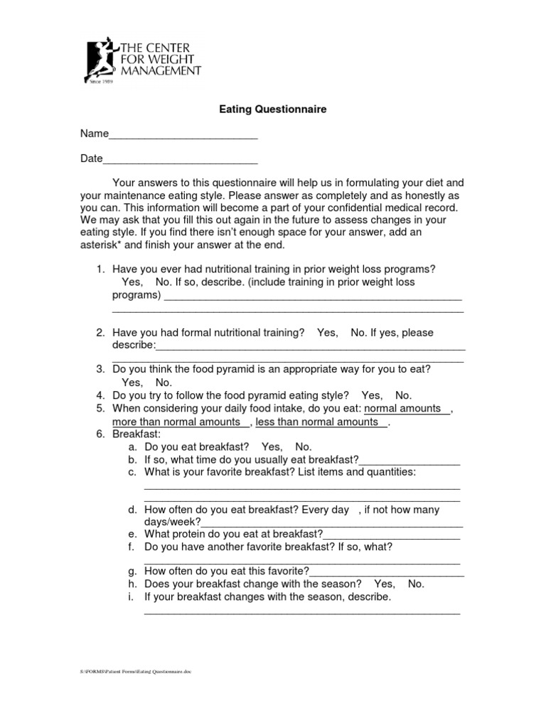 Original Eating Questionnaire | PDF | Lunch | Eating