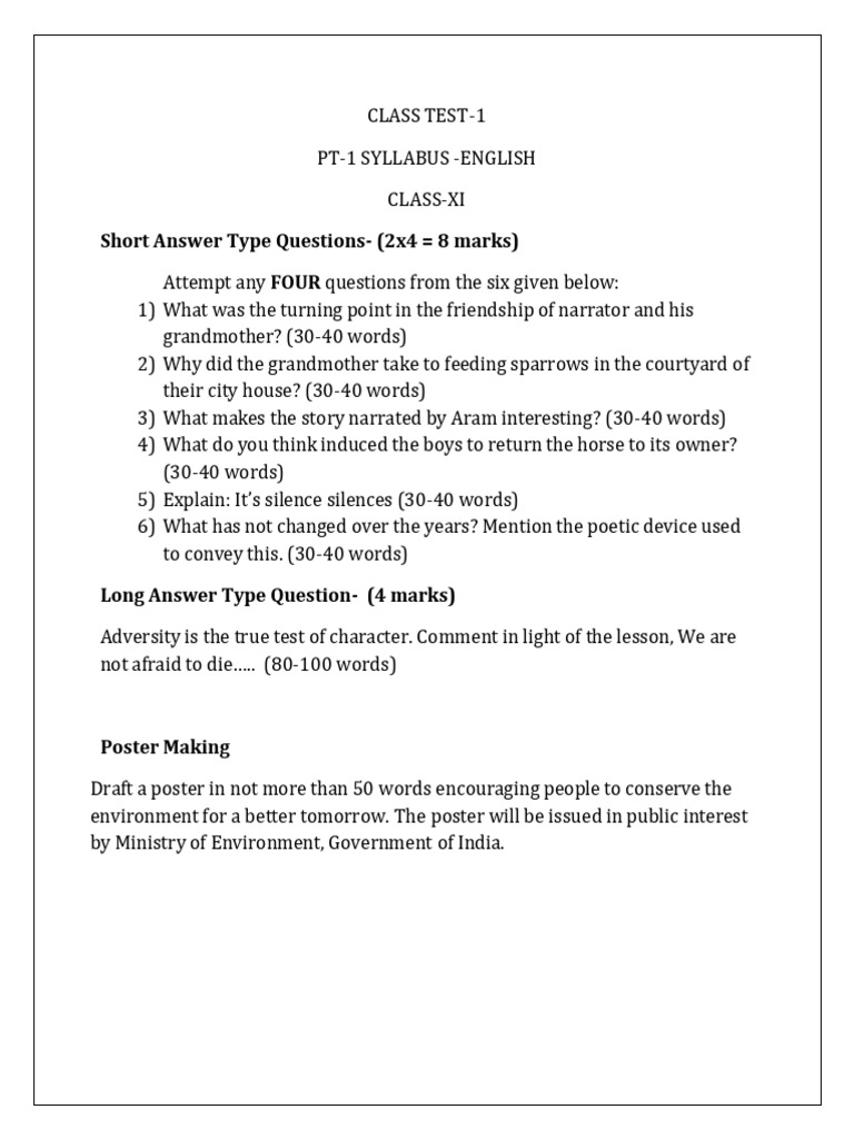 CLASS TEST-1 English - Grade XI | PDF