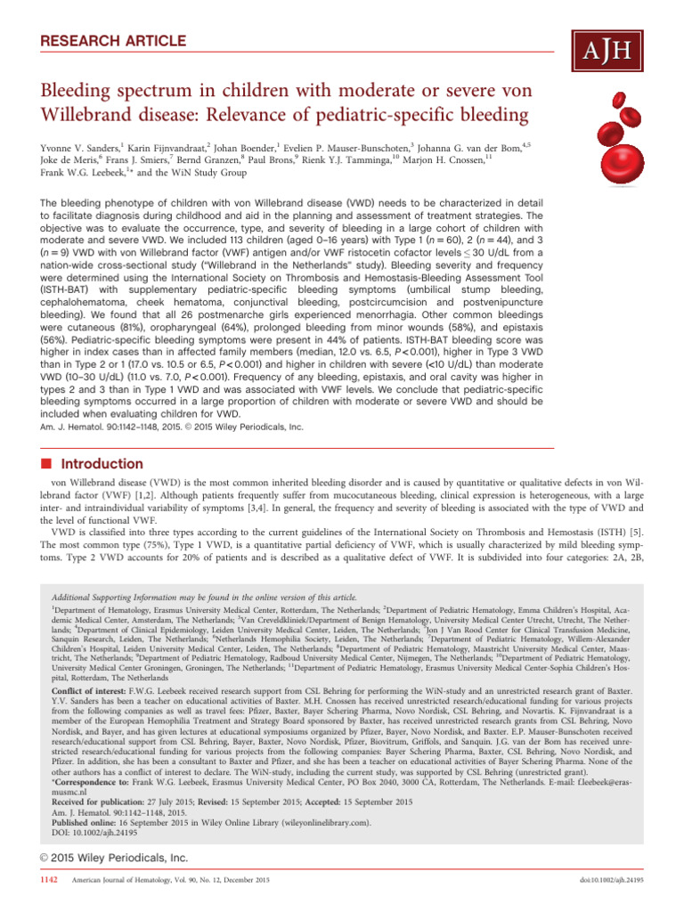 Pediatric Bleeding in von Willebrand Disease | PDF | Medicine ...