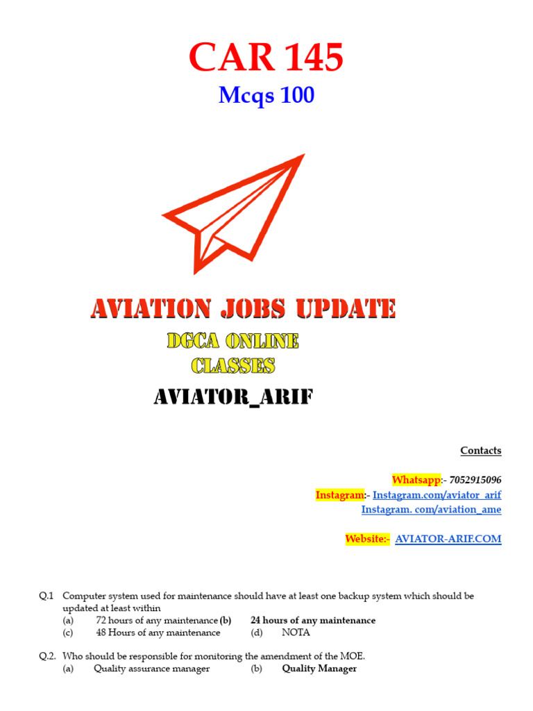CAR 145 Mcqs 100 | PDF | Aviation