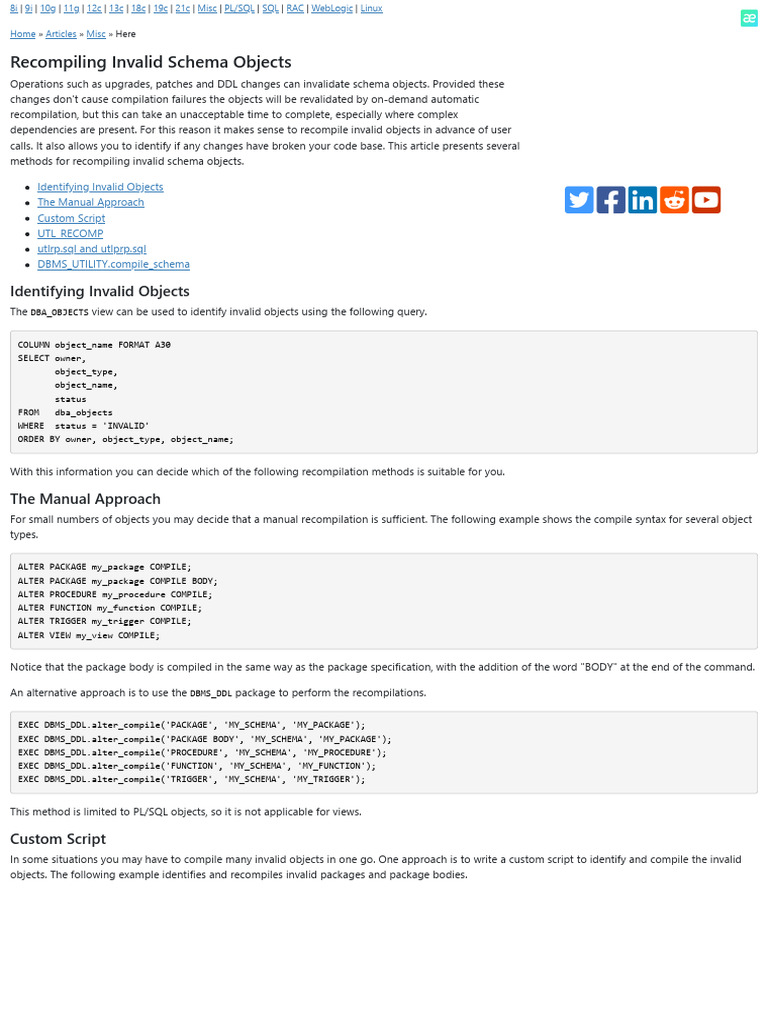 Oracle Base Recompiling Invalid Schema Objects Pdf Sql Compiler