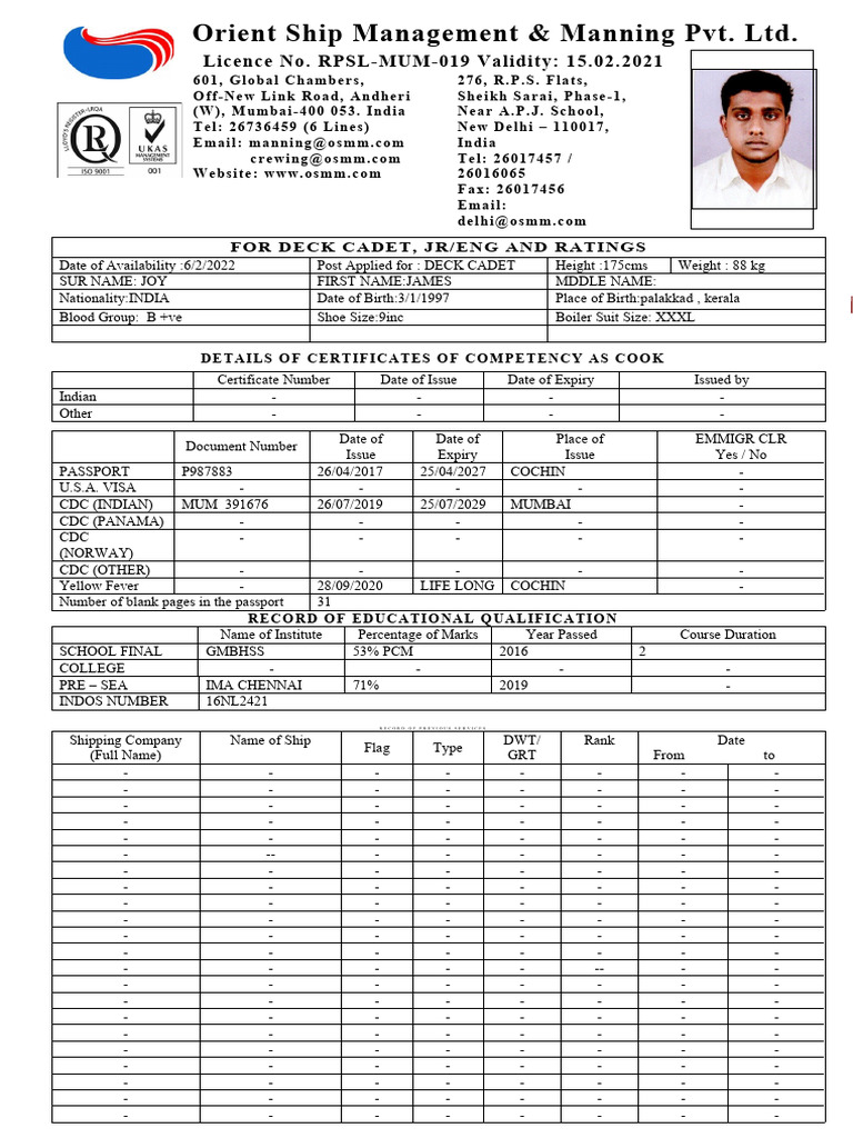Deck Cadet Application - OSMM | PDF | Shipping