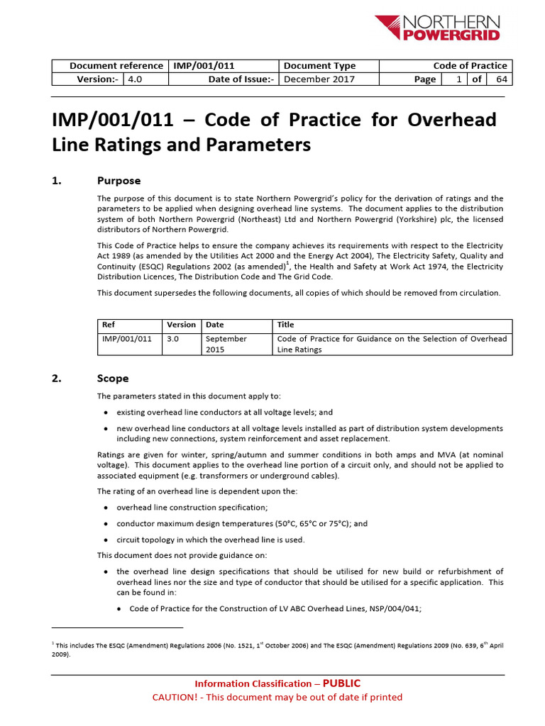 IMP/001/011 - Code of Practice For Overhead Line Ratings and Parameters ...