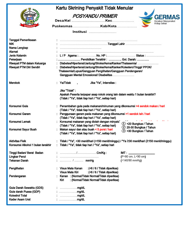 Format Skrining PTM Posyandu Primer 2022-Selembar | PDF