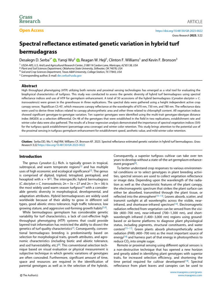 ARTC - Spectral Reflectance Estimated Genetic Variation in Hybrid Turf ...