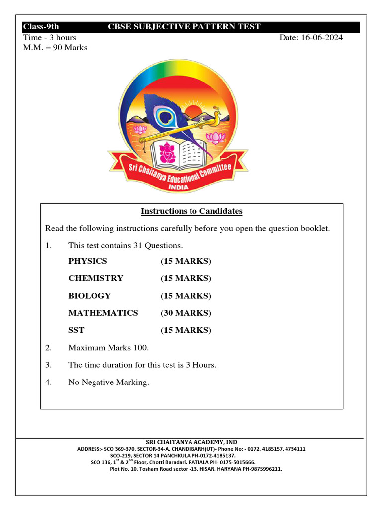 Class 9th Cbse Subjective Pattern 15-06-2024 | PDF | Physics | Applied ...