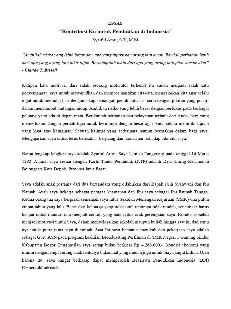 Essay - Kontribusi Ku Untuk Pendidikan Di Indonesia 2024 | PDF