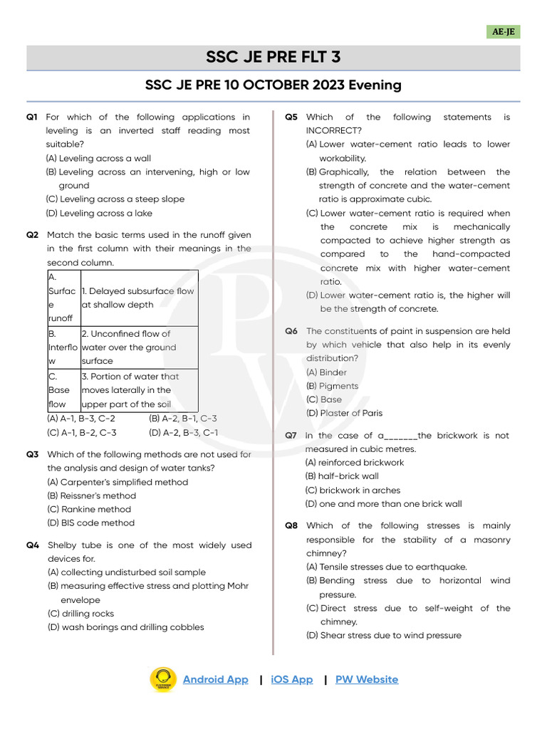 FLT 3 SSC JE PRE 10 OCTOBER 2023 Evening 1 | PDF | Combined Sewer | Stress (Mechanics)