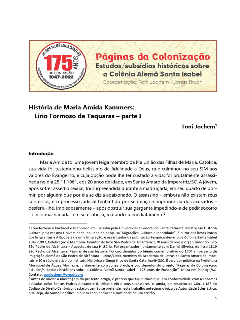 História de Maria Amida Kammers Lírio Formoso de Taquaras | PDF | Maria ...