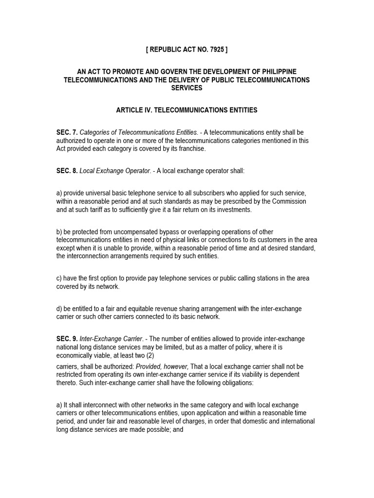 Republic Act No 7925 | PDF | Telephone Exchange | Telecommunications