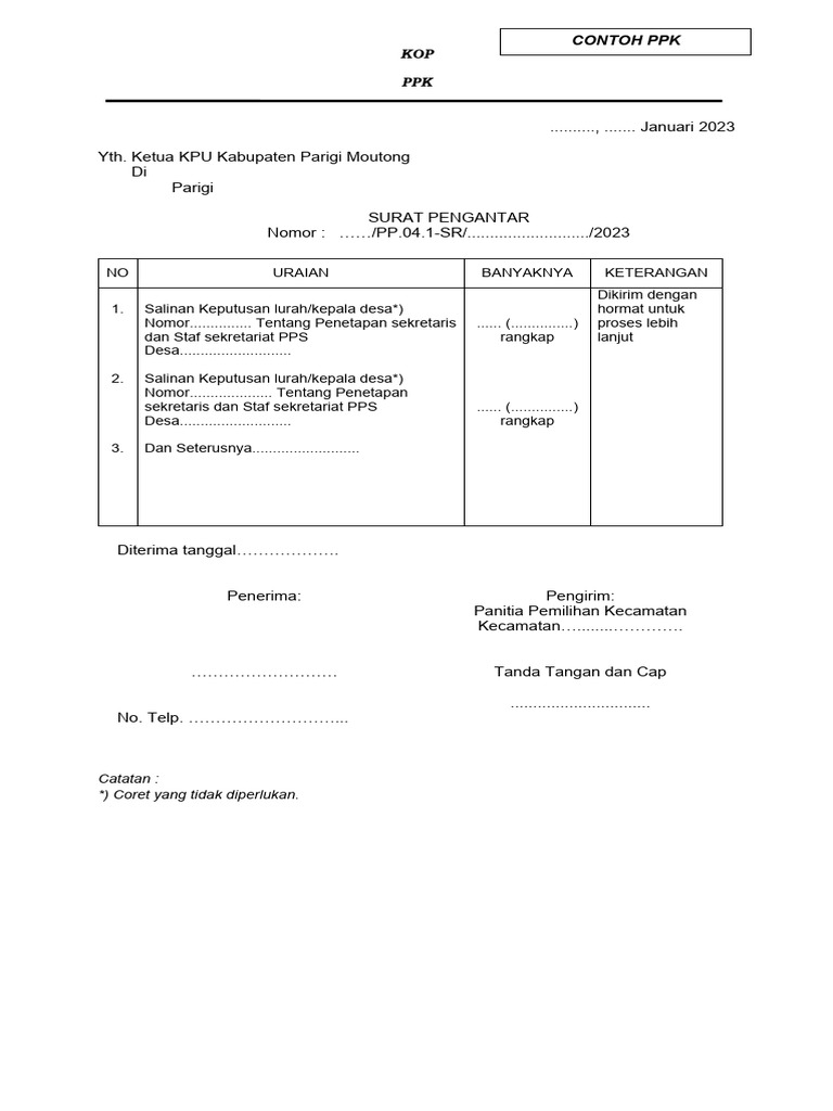 Contoh Surat Pengantar (SR) PPK Ke KPU | PDF