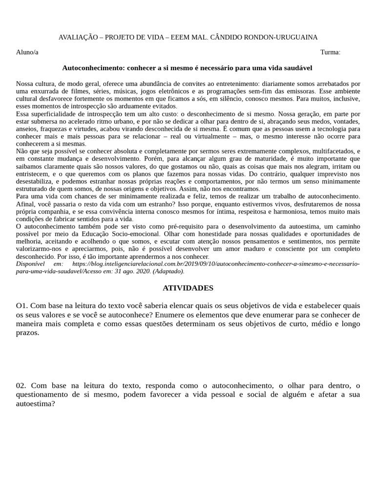 Avaliação Projeto De Vida 9 Pdf Vida Autoestima